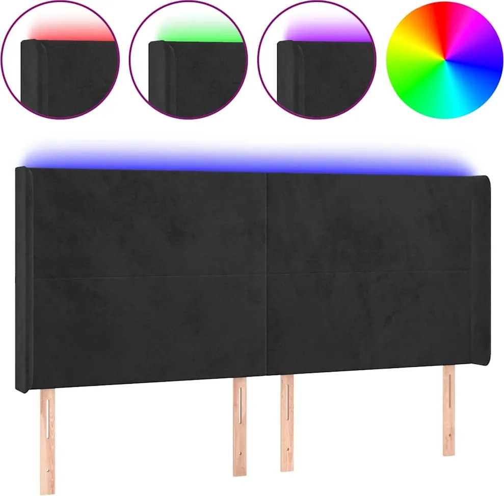 Čelo postele s LED černé 183 x 16 x 118/128 cm samet 3123830