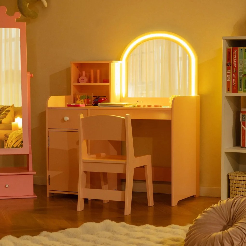 Costway Dětský kosmetický stolek s LED zrcadlem a taburetem, růžový