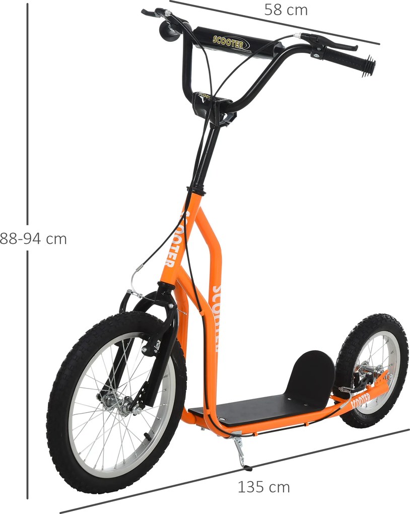 HOMCOM Dětská koloběžka od 5 let koloběžka Městská koloběžka s pneumatikami 16 palců vpředu 12 palců vzadu Oranžová 135x58x88-94 cm