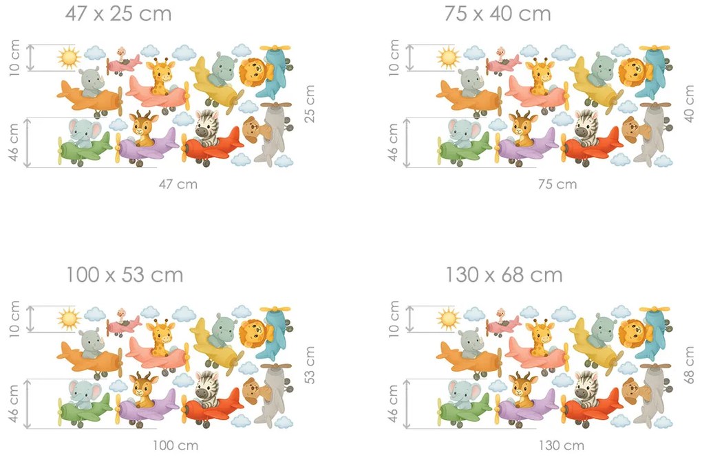 Zvířátka v letadlech textilní přelepitelné samolepky na zeď arch 47 x 25 cm