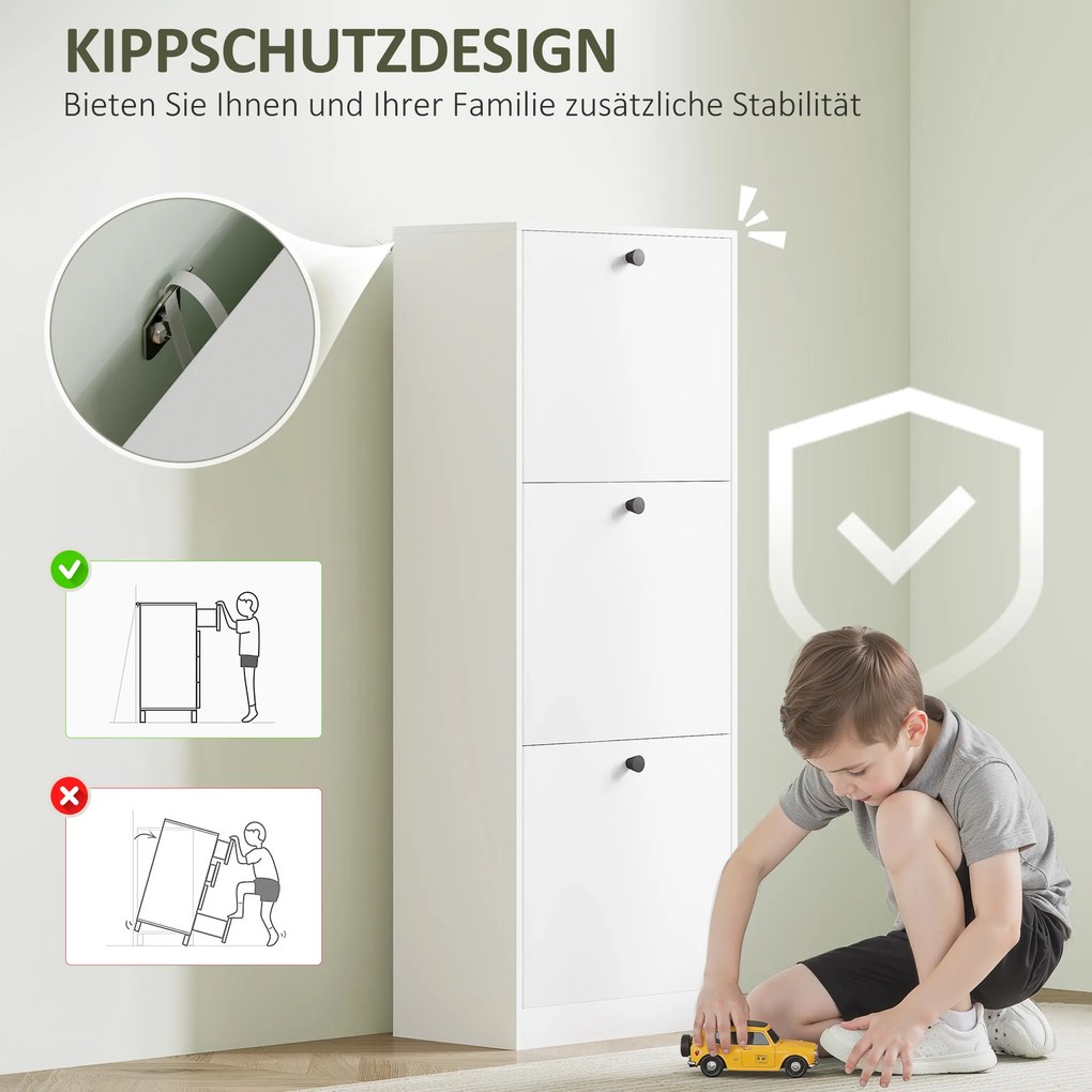 HOMCOM Botník se 3 Zásuvkami, Botník s Nastavitelnými Přihrádkami, Úzký Botník pro 12 Párů Bot 47 x 26 x 120 cm, Bílý