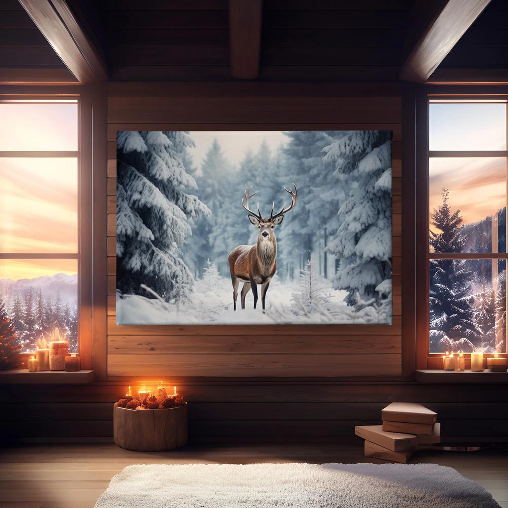 Obraz na plátně - Jelen pozoruje okolí v zimním jehličnatém lese FeelHappy.cz Velikost obrazu: 180 x 120 cm