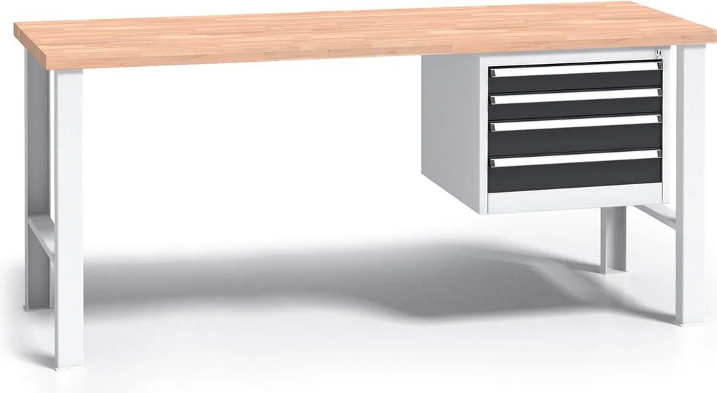 Pracovní stůl do dílny G3 se závěsným boxem na nářadí, buková spárovka, 4 zásuvky, pevné kovové nohy, 1700 mm, grafit