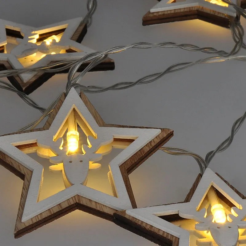 SOLIGHT LED vánoční řetěz hvězdy, 10x LED, dřevo, 1,5m, 2x AA