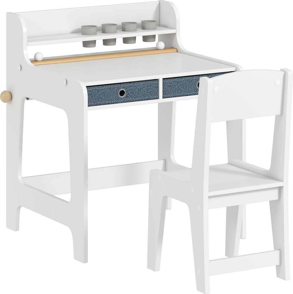 AIYAPLAY Dětský psací stůl s židlí, 2 zásuvky a držák na hrnek, Bílá, 62,8×55,6×73,8 cm