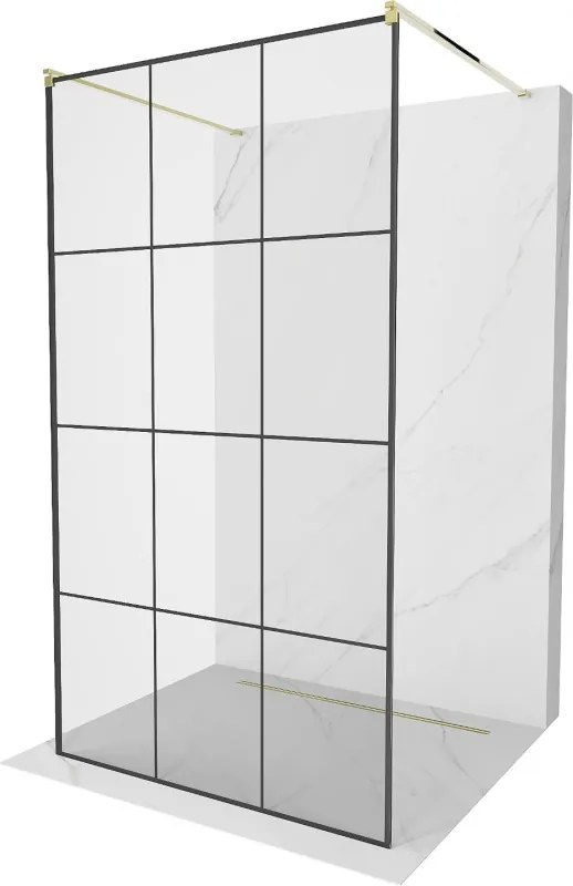 Mexen Kioto, průchozí sprchová zástěna 120 x 200 cm, 8mm sklo čiré/černý vzor, 2x zlatá stabilizační rozpěra, 800-120-002-50-77