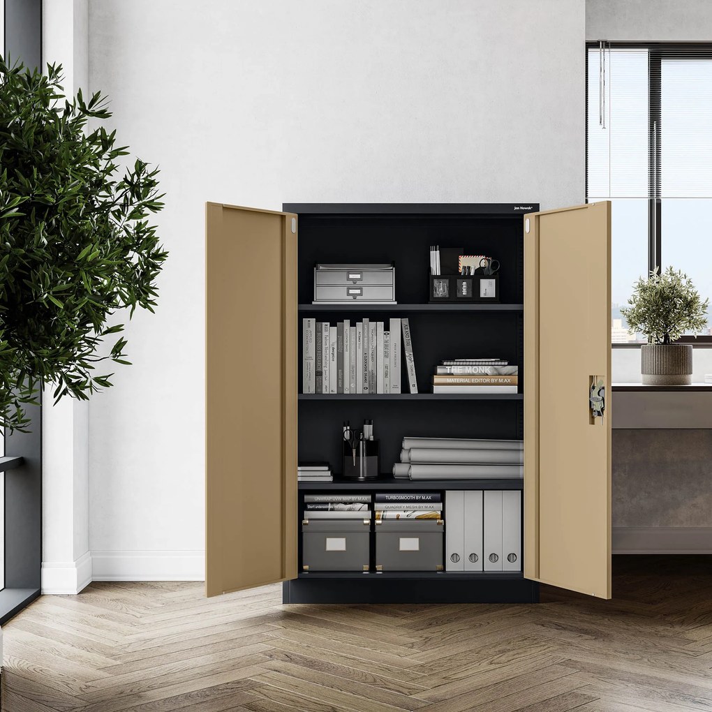 Nízká kovová kancelářská skříň se 3 policemi, antracit/ořech, 900x1400x400 mm: KEVIN Eco Design