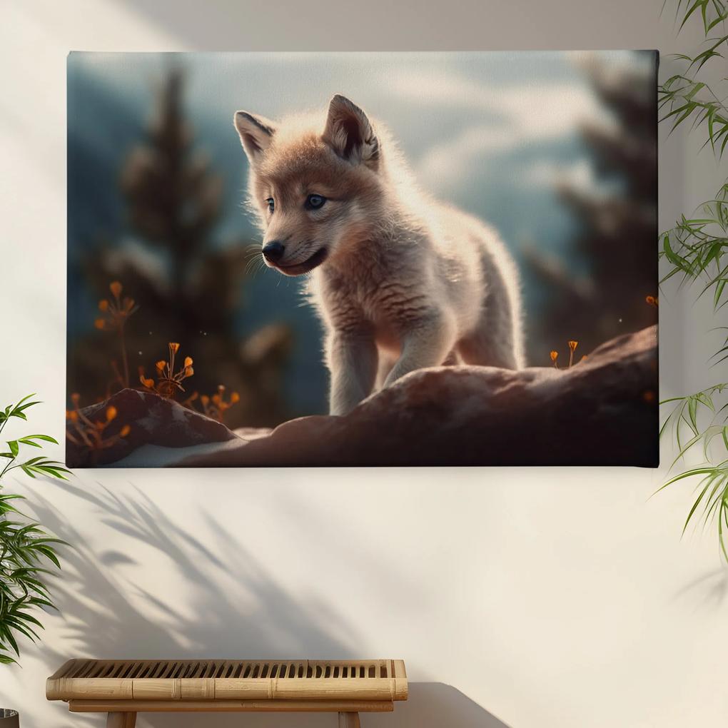 Obraz na plátně - Malý vlček na skále objevuje svět FeelHappy.cz Velikost obrazu: 180 x 120 cm
