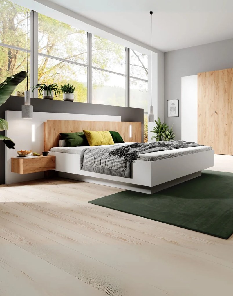 Dřevěná postel s úložným prostorem, nočními stolky a osvětlením 160×200 – kolekce 3D