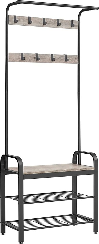 Věšák na kabáty, stojan na kabáty s úložným prostorem na boty, 183 cm vysoký, šedá-černá