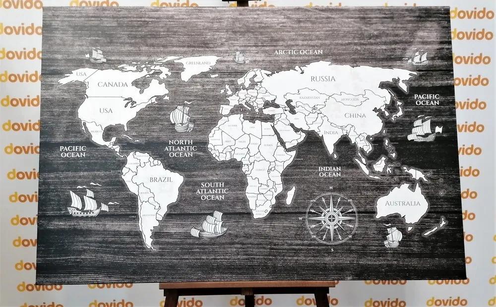 Obraz černobílá mapa na dřevě - 60x40 cm