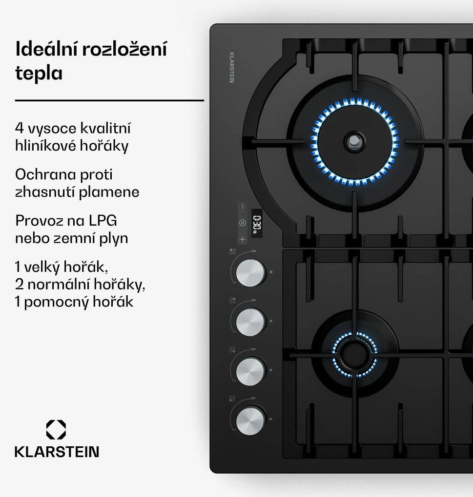 Klarstein Ignito plynová varná deska 8 kW, litinové držáky, časovač, regulace teploty