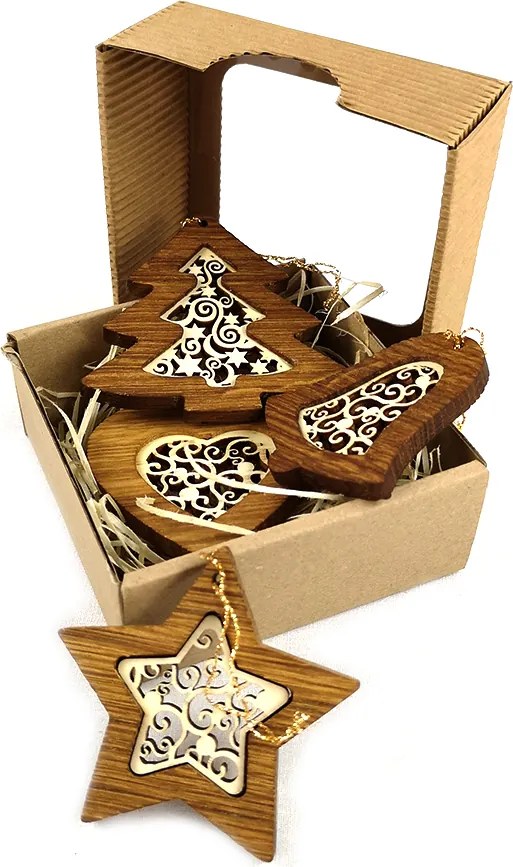 AMADEA Vánoční set 4 druhů dřevěných ozdob z masivu s vkladem - ornament + krabička