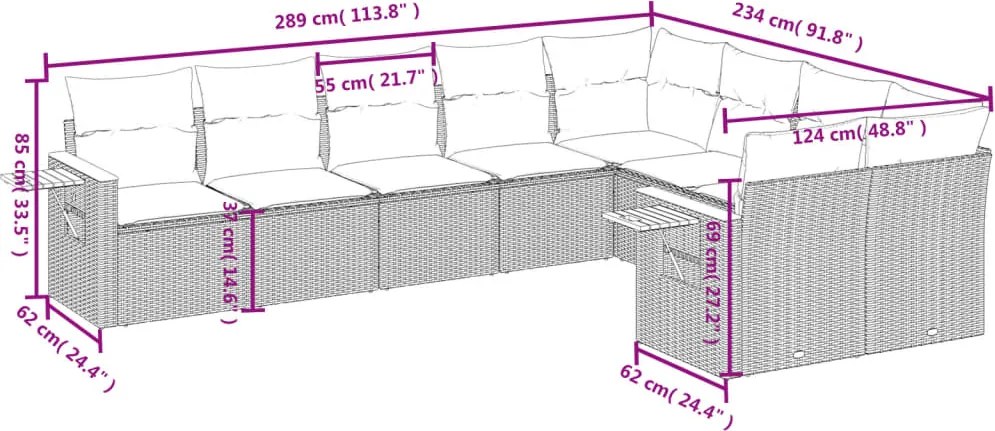 9dílná zahradní sedací souprava s poduškami šedá polyratan 3259547
