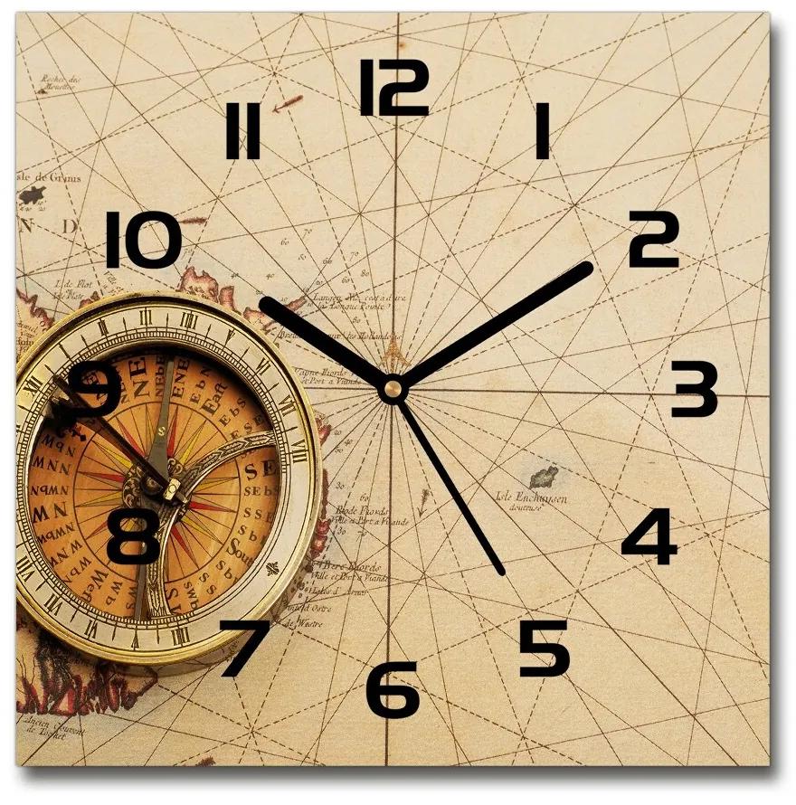 Wallmuralia Skleněné hodiny na stěnu Kompas na mapě 30x30 cm