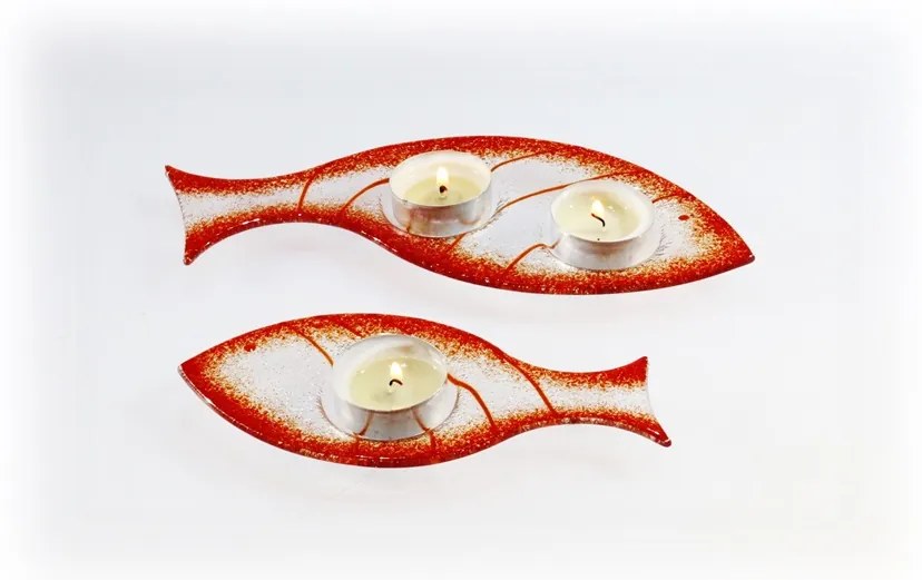 BDK-GLASS Skleněný svícínek rybička - FISH - červená Rozměr: 17x8cm