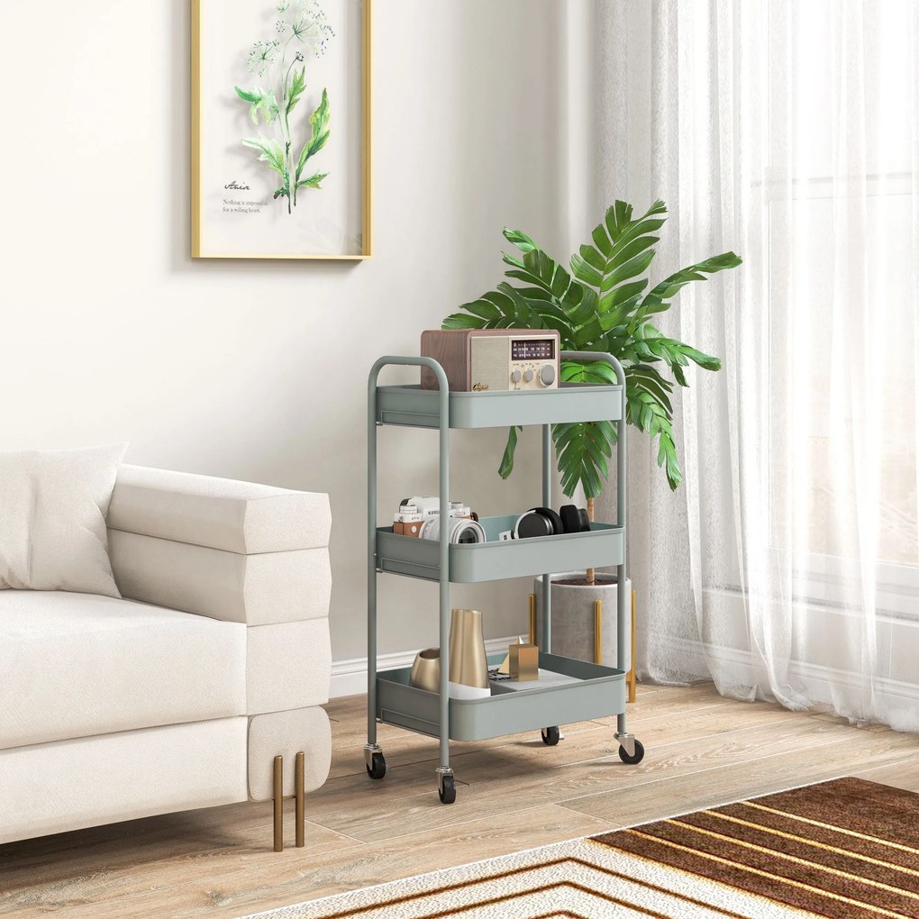 HOMCOM Skladovací vozík na kolečkách se 3 košíky a ocelovým rámem pro obývací pokoj, ložnici, kancelář a kuchyň 45x30x79 cm Světle modrá