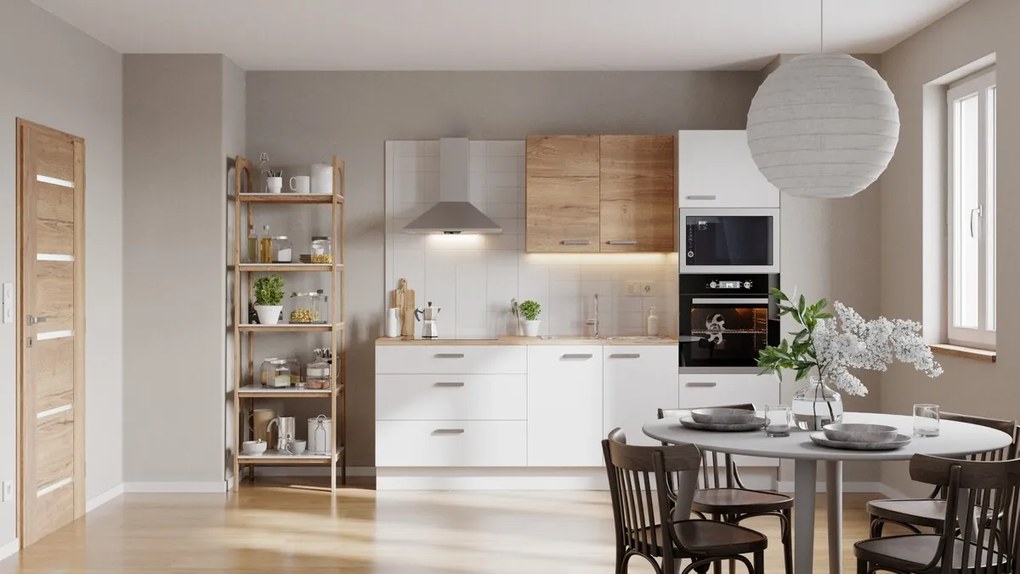 Kuchyňská linka Naturel 240 cm lesk bílá/dub se spotřebiči Electrolux EASYBLOK20EL