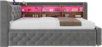 Aosom Rám postele, vysouvací sametová pohovka 90x190 cm, s úložným prostorem, LED světlem, USB a Typ-C, 211 × (91~181) × 84 cm, tmavě šedá