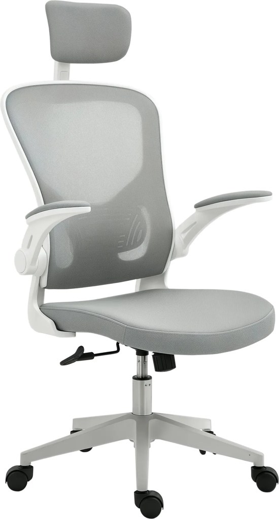 Ergonomická kancelářská židle Vinsetto s funkcí houpání, vysokým opěradlem, bederní oporou, opěrkou hlavy a skládacími područkami, šedá 65 x 64 x 114-