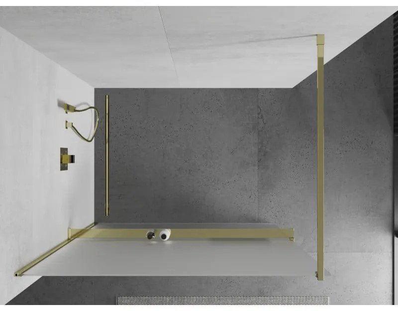 Mexen Kioto+, sprchová zástěna s poličkou a držákem na ručníky 100 x 200 cm, 8mm námraza sklo, zlatý profil, 800-100-121-50-30