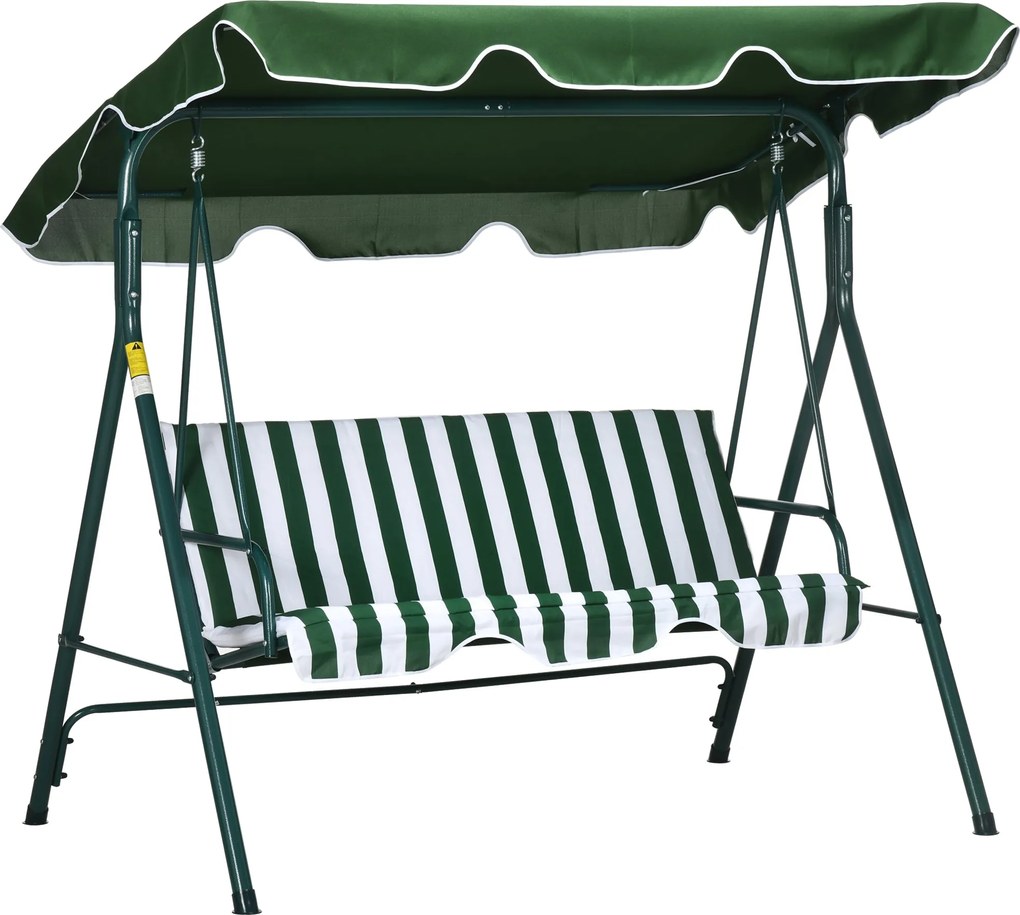 Outsunny Zahradní houpačka pro 3 osoby s nastavovací markýzou a ocelovou konstrukcí pro balkon, terasu, patio Nosnost 240 kg 172x110x153 cm Zelený pru