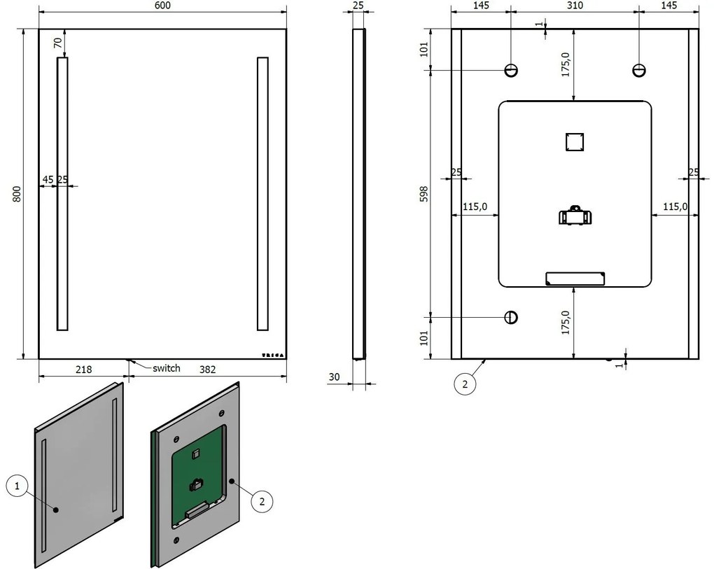 HOPA Zrcadlo s LED osvětlením LABE Rozměr A - 60 cm, Rozměr B - 3 cm, Rozměr C - 80 cm - ZRLABE8060