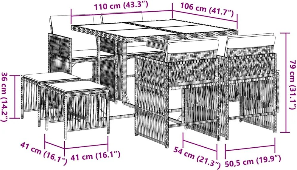 9dílný zahradní jídelní set s poduškami černý polyratan 3211674
