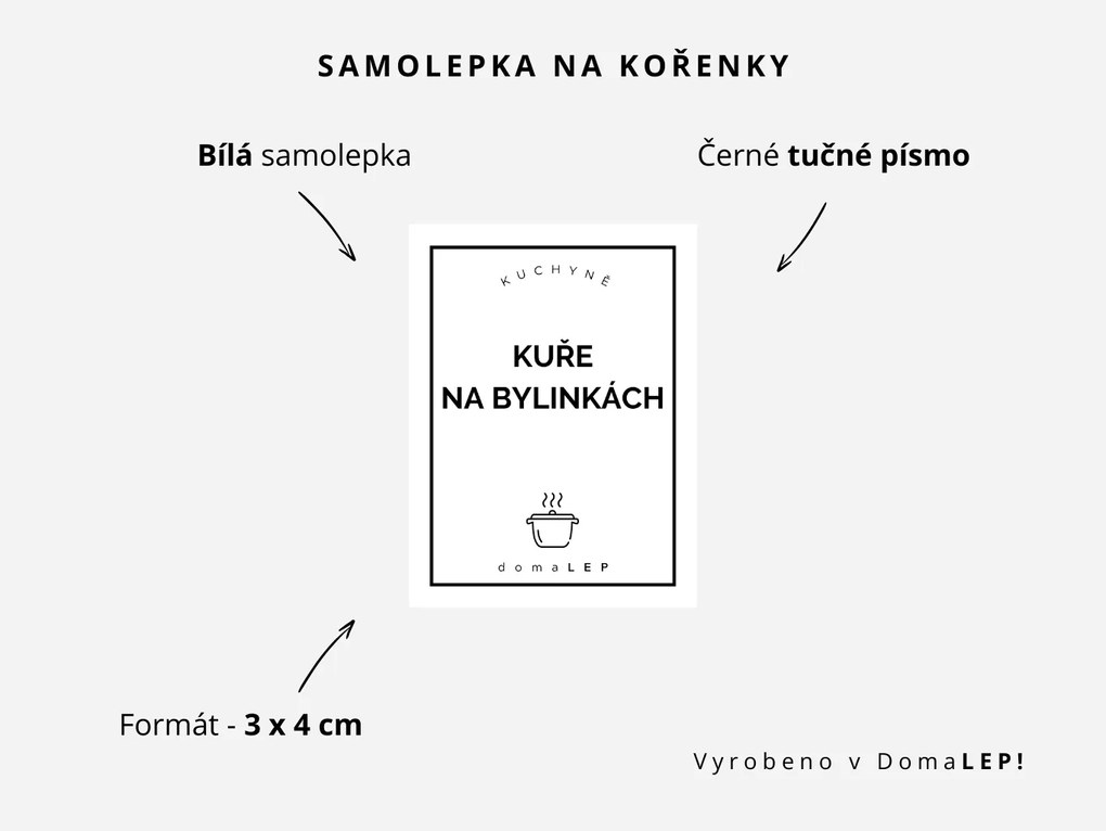 KUŘE NA BYLINKÁCH - Samolepka na kořenky 3 x 4 cm - DomaLEP varianta: BÍLÁ - tučné písmo