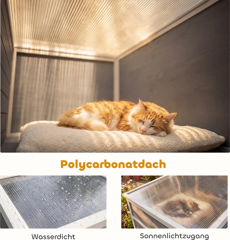 PawHut venkovní dřevěný výběh pro kočky se 3 plošinami, odolná střecha, okno a síť pro 3–4 kočky (do 10 kg), šedý – vnitřní i venkovní