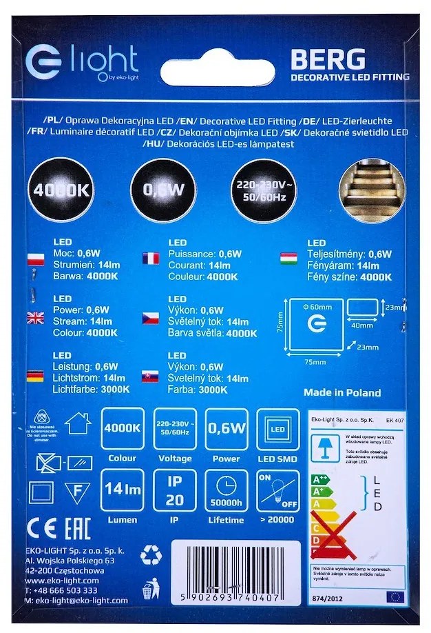 Schodišťové LED svítidlo Berg, 1x LED 0,6w, 4000k, s