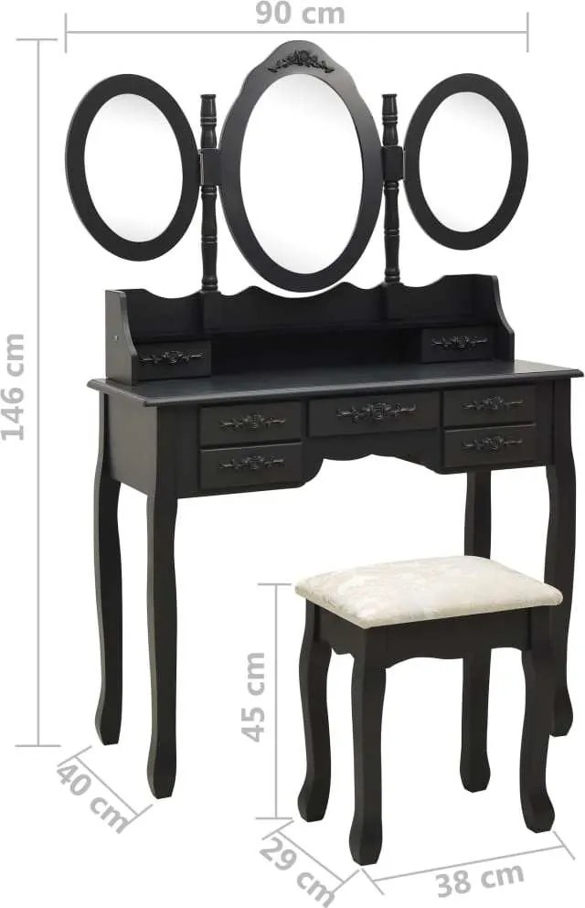 vidaXL Toaletní stolek se stoličkou a 3dílné skládací zrcadlo [289328] Barva: Šedá