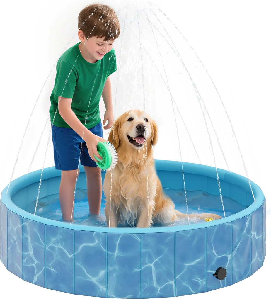 PawHut Psí Bazén Skládací Splash Bazén s Fontánou a Designem Vodního Polštáře Ø120 x 30 cm Protiskluzová Psí Koupelna Bazén pro Psy a Kočky | Aosom