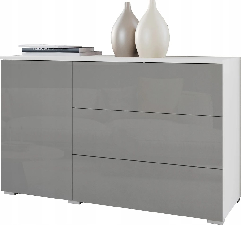 Komoda 110 cm do obývacího pokoje se zásuvkami a skříňkami, čela šedá, leskle bílá