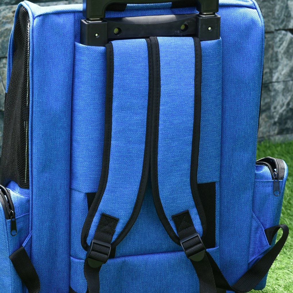 PawHut přepravka pro domácí zvířata 2 v 1 - Kola a batoh s teleskopickou hliníkovou rukojetí a úložnými kapsami 42x25x55 cm Modrá