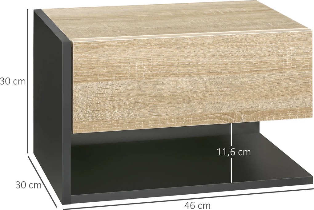 HOMCOM Sada 2 floating nočních stolků se zásuvkou a otevřenou poličkou do ložnice 46x30x30 cm Dub a černá