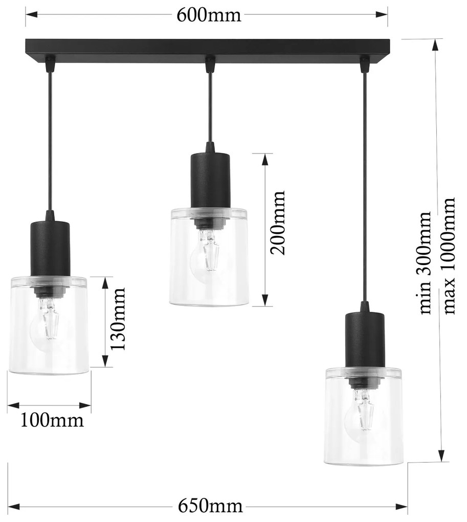 Light for home - Závěsné svítidlo černá lišta a čiré skleněné válcové stínidla 60603 "Roberto", 3x60W, E27, Černá