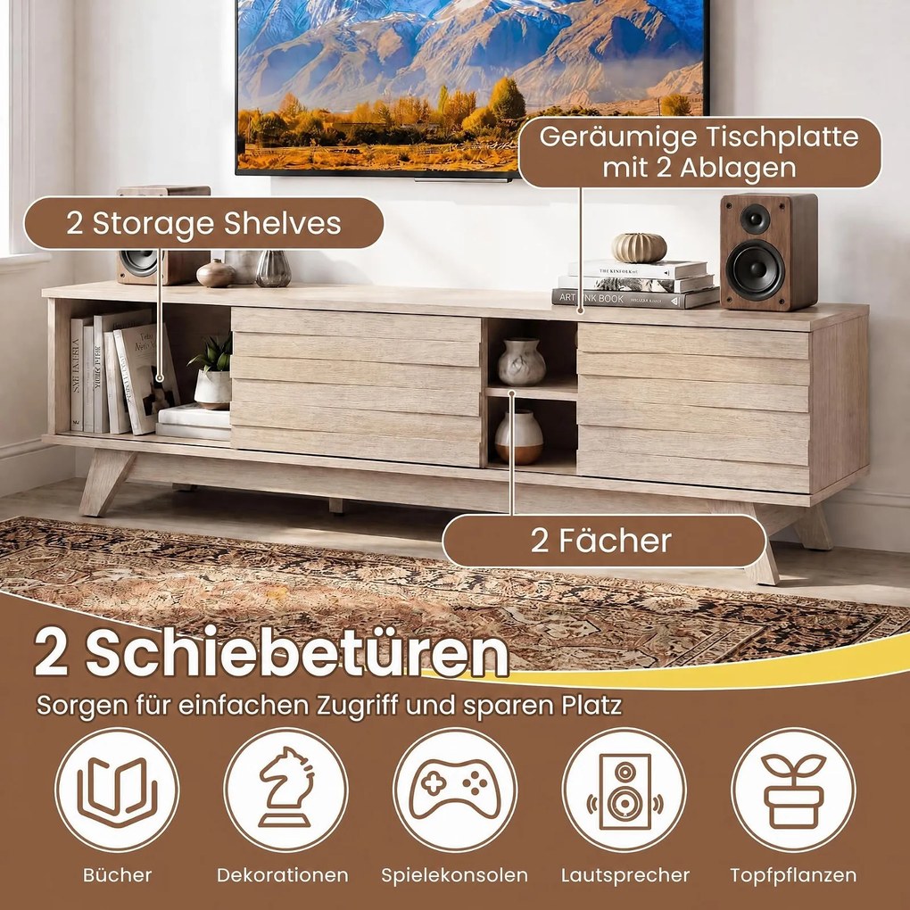 Costway TV stolek pro televizory do 55 palců s posuvnými dvířky, dub