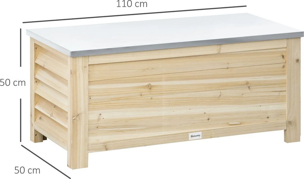 Outsunny Zahradní Úložný Truhla 155L s Pozinkovaným Víkem a Šikmým Designem pro Zahradu, Terasu či Balkon 110x50x50 cm Přírodní Dřevo