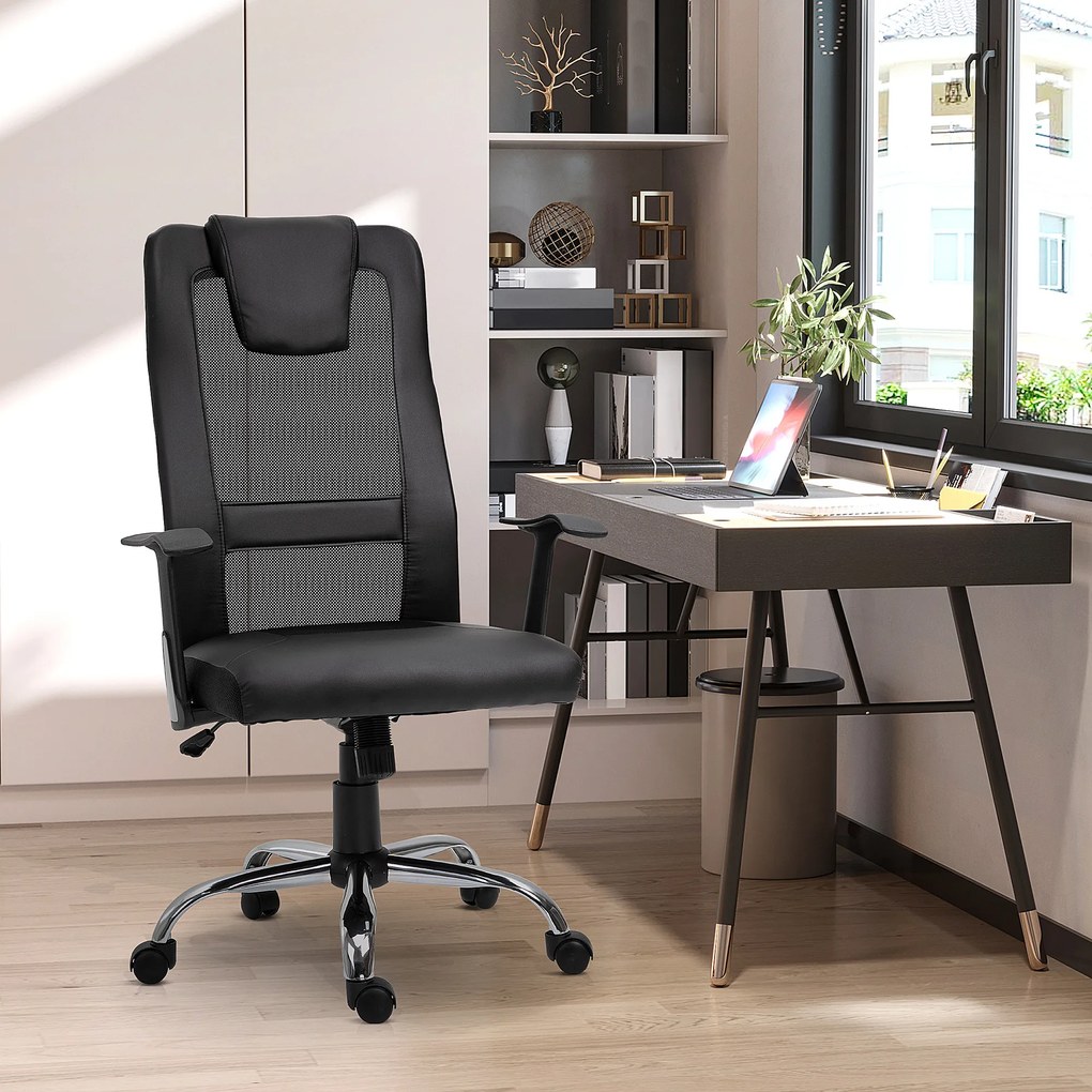 Ergonomická kancelářská židle Vinsetto s nastavitelnou výškou, funkcí houpání a područkami do 120 kg v černé barvě pro pohodlnou práci