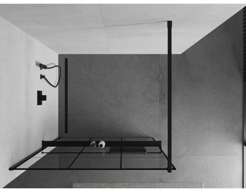 Mexen Kioto+, sprchová zástěna s poličkou a držákem na ručníky 100 x 200 cm, 8mm sklo čiré sklo vzor černý, černý profil, 800-100-121-70-77