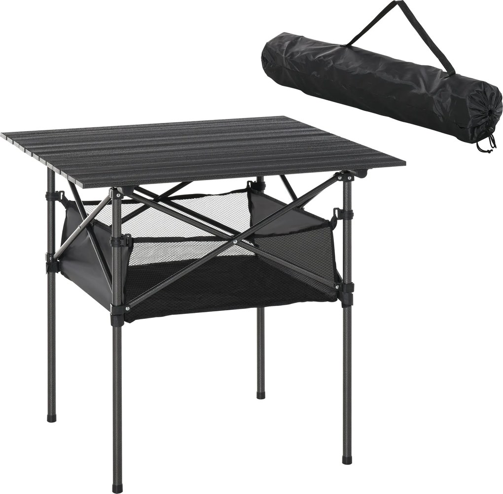 Folding Aluminum Camping Table Outsunny - Skladací stůl s mřížkovou taškou, přenosný piknikový stůl na kempování, zahradní party a balkon, černý 70 x