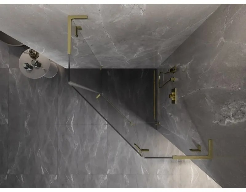 Mexen Lunar, L pětiúhelníkový sprchový kout s pravým sklonem 90 x 90 cm, 8mm čiré sklo, zlatý matný profil, 831L-090P-090L-55-00-P