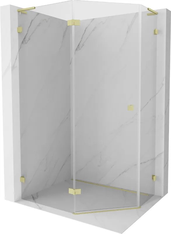 Mexen Lunar, L pětiúhelníkový sprchový kout naklápěcí doleva 90 x 80 cm, 8mm čiré sklo, zlatý matný profil, 831L-090L-080P-55-00-L