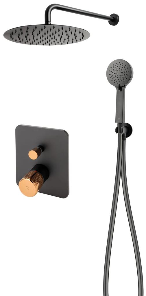 F-Design Ardesia, podomítková sprchová sada s dešťovou hlavicí 30 cm, černá matná-růžové zlato, FD1-ARD-7PSET1-25