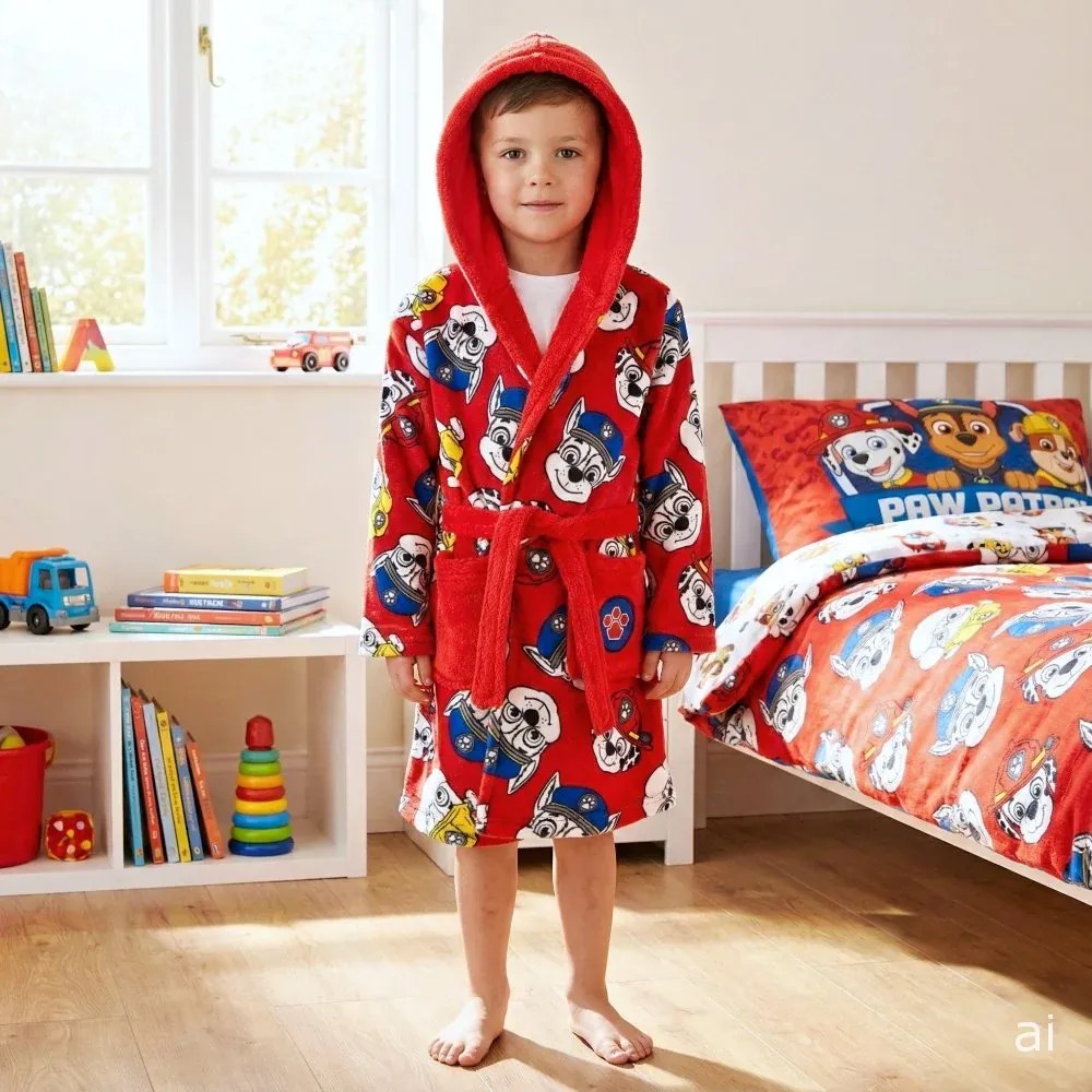 Chlapecký fleece župan s kapucí Tlapková patrola - červený, EU 98