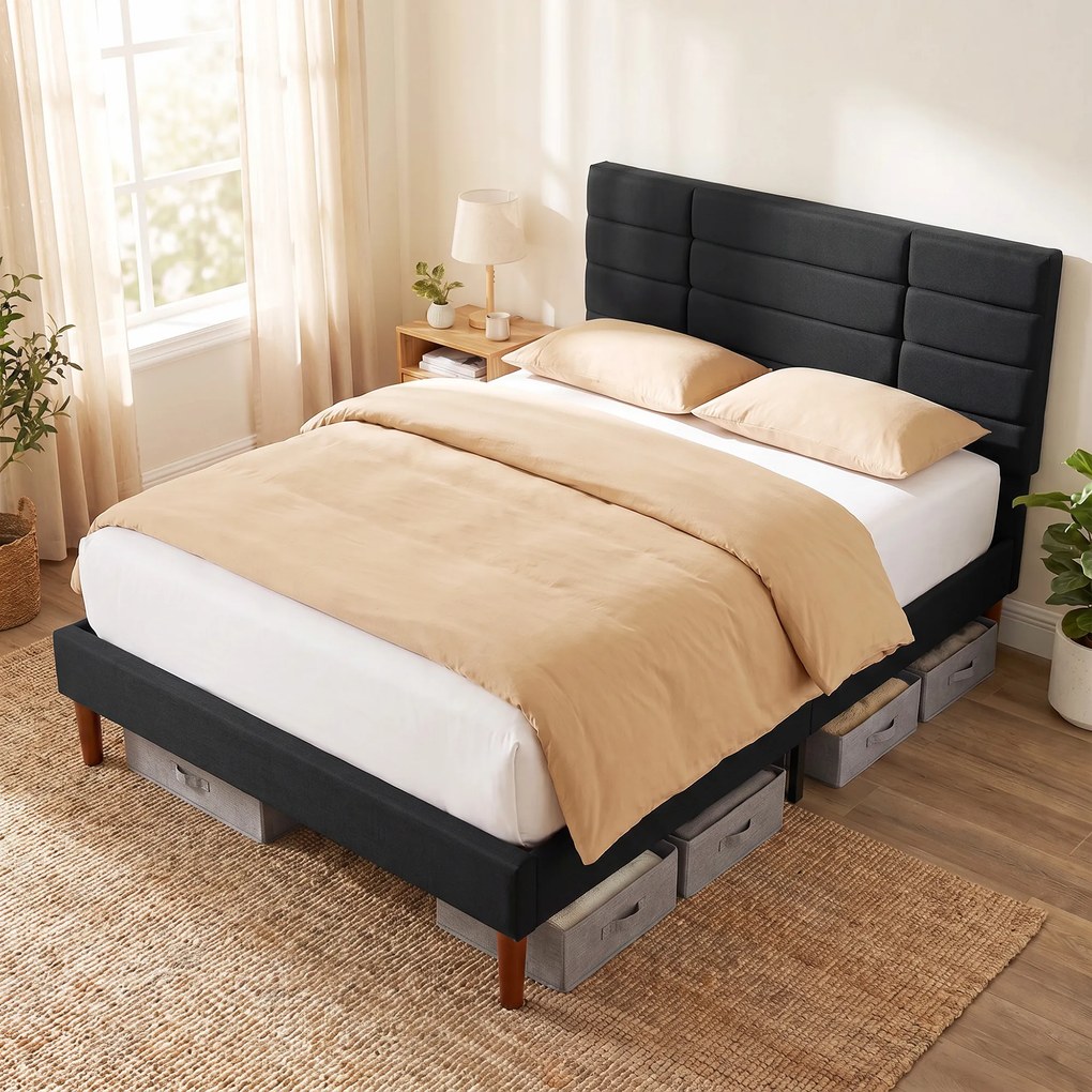 HOMCOM rám postele 140 x 200 cm s lamelovým roštem, polstrovaná manželská postel v lněném vzhledu, úložný prostor pod postelí, tišší, černý