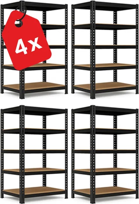 Regál 216x120x50 cm profesionální 5-policový, nosnost 2000 kg - černý - 4ks