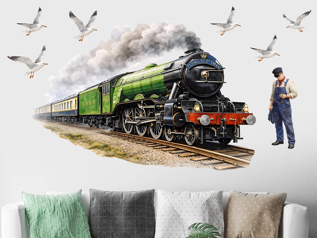 Vlak Flying scotsman textilní přelepitelné samolepky na zeď arch 100 x 67 cm