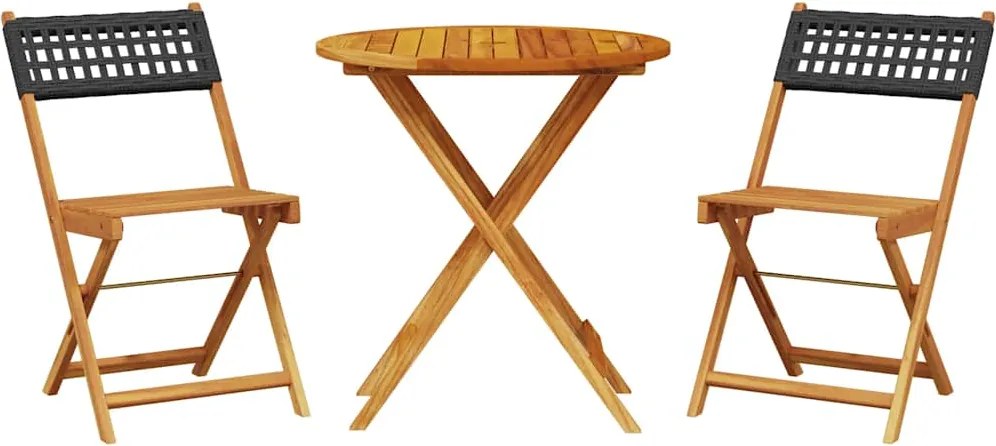 3dílný bistro set černý polyratan a masivní dřevo 3281838
